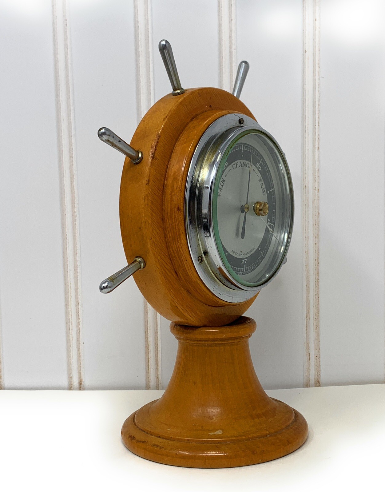 Vintage 1943 Nautical Ships Wheel BAROMETER Wood Pedestal Base Chrome ...