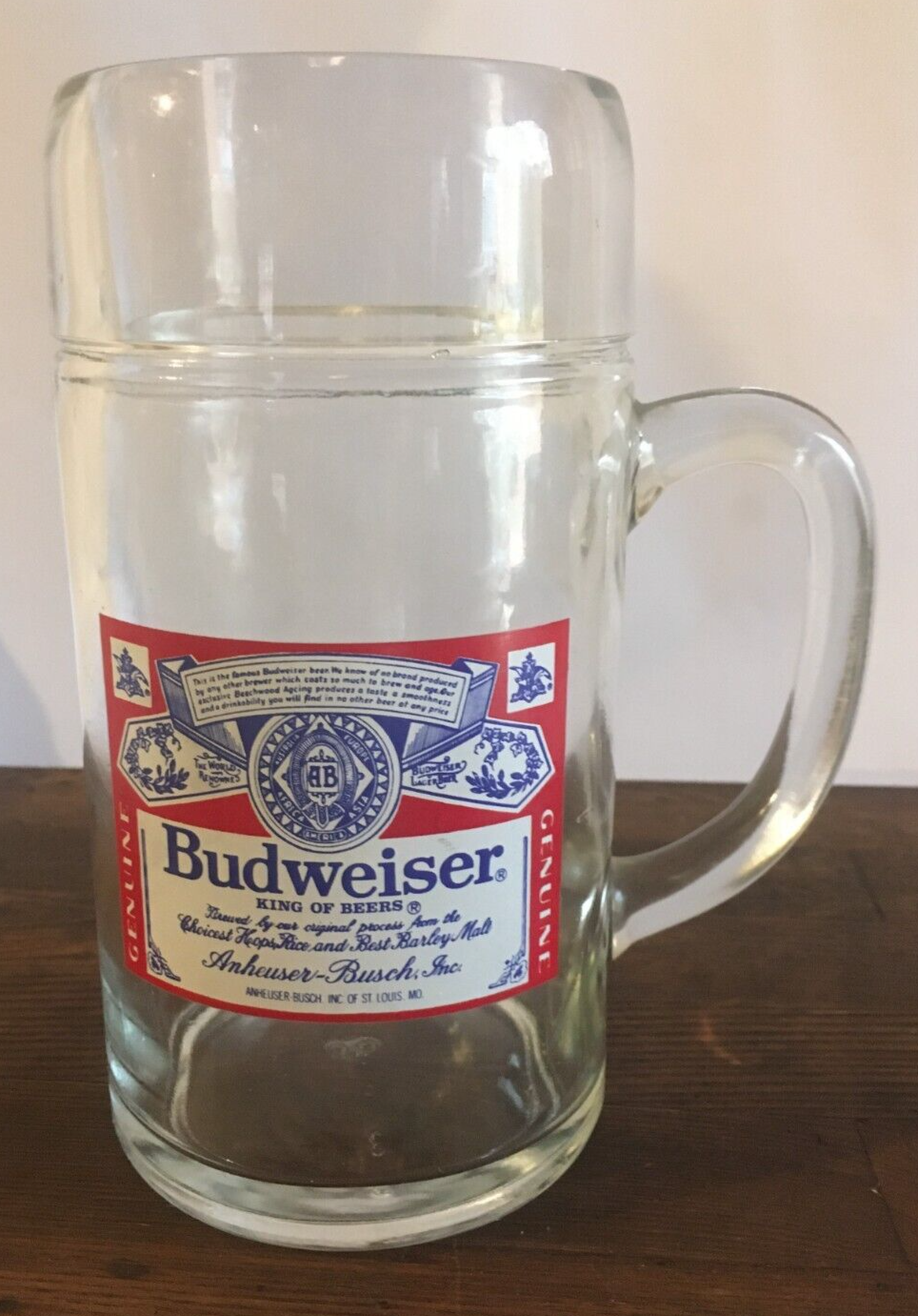 LARGE Budweiser Bud GLASS MUG BEER STEIN 1 liter HEAVY GLASS 8 inches ...