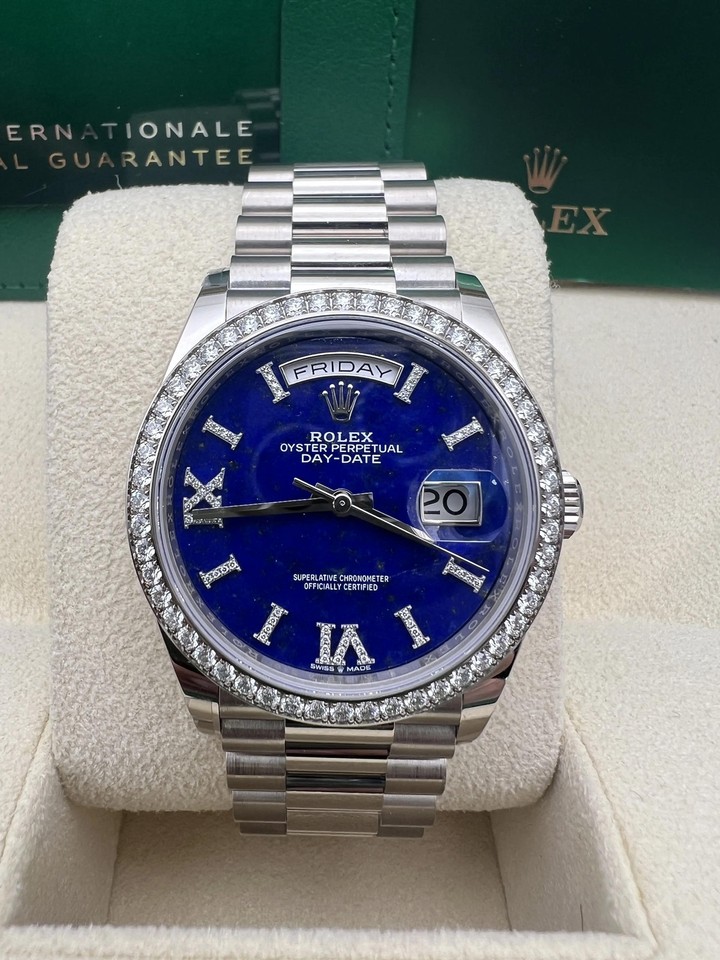 RARE New Rolex Day-Date 36 128349RBR 18K Gold Blue Lapis Diamond Dial ...