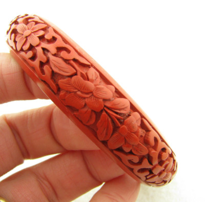 Vintage Chinese Carved Red Cinnabar Flowers & Leaf Design Bangle ...