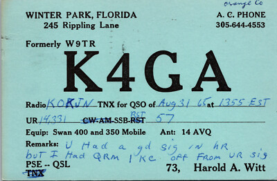 1965 K4GA Harold A Witt Winter Park Florida Ham Radio Amateur QSL Card ...