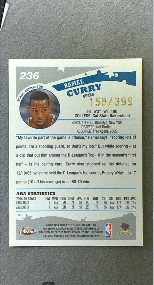 2005-06 Topps Chrome Black Refractor #236 Ramel Curry RC #'d 158/399 | eBay