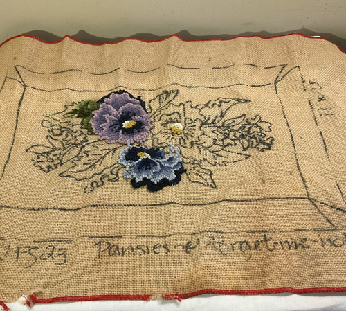 Vintage PARTIALLY COMPLETED Rug Hooking Canvas Pansies Flowers Box or ...