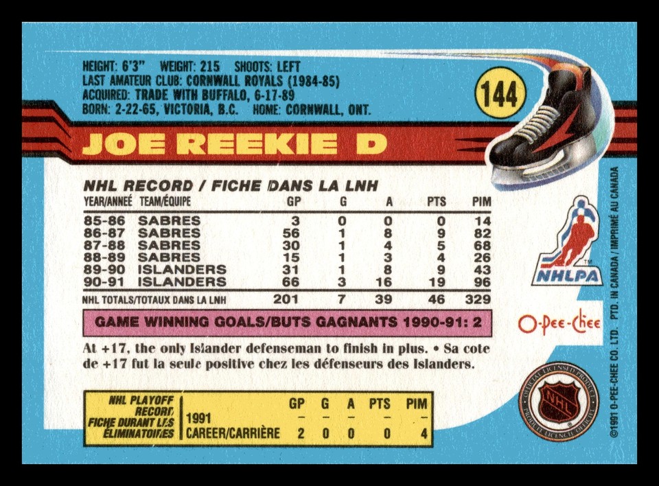 1991-92 O-Pee-Chee Joe Reekie #144 New York Islanders NM-MINT | eBay