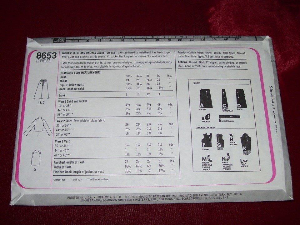 🌻1978 UNCIRCULATED SIMPLICITY #8653-LADIES SKIRT - JACKET & VEST ...