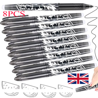 8X Black Erasable Pens Rub Out Pens Ink Eraser Pen with Rubber Erasable ...