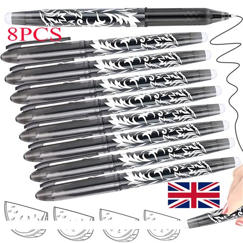 8X Black Erasable Pens Rub Out Pens Ink Eraser Pen with Rubber Erasable ...