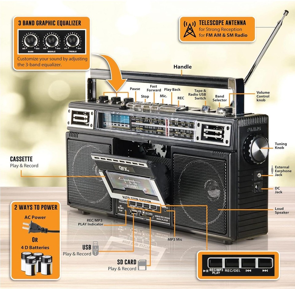 QFX J-220BT Bluetooth Boombox with 4-Band Radio, Built-in Microphone ...