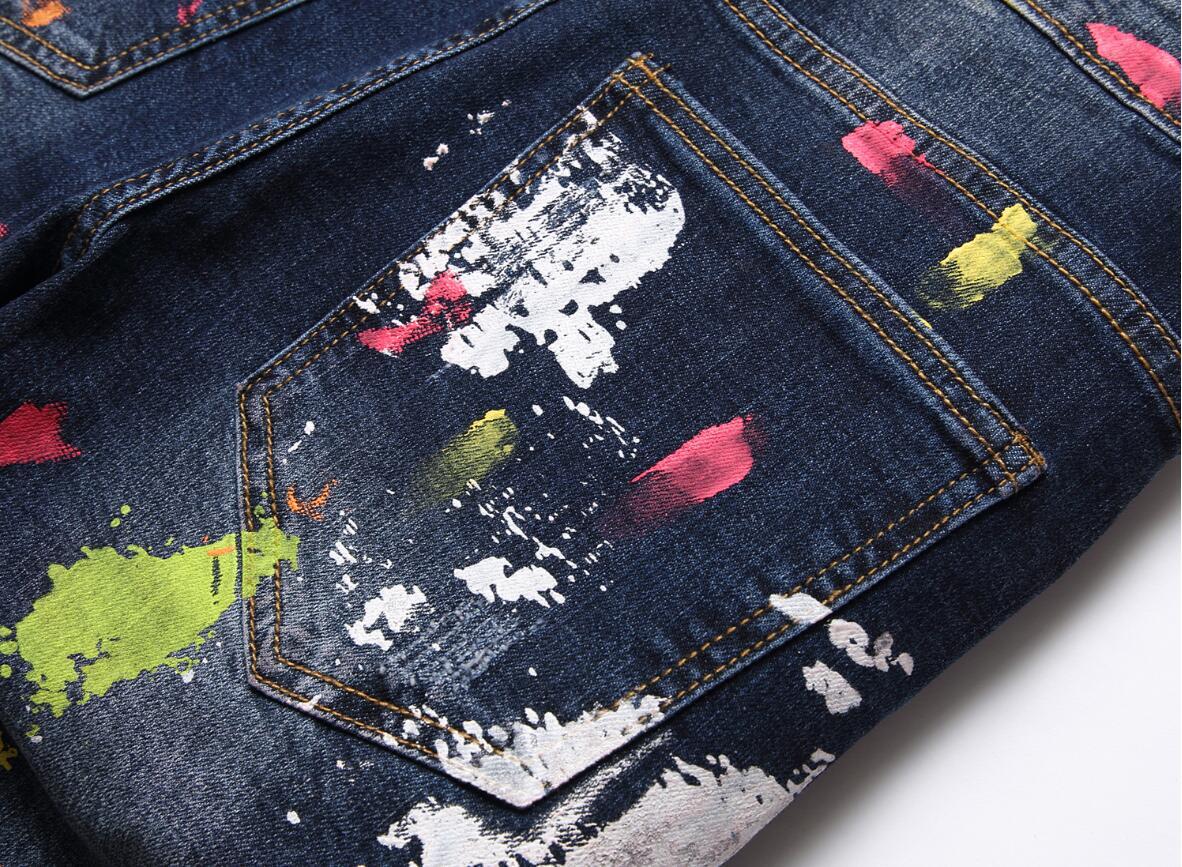 Men's Blue Color Printed Straight Leg Denim Jeans Trousers Pants Punk ...