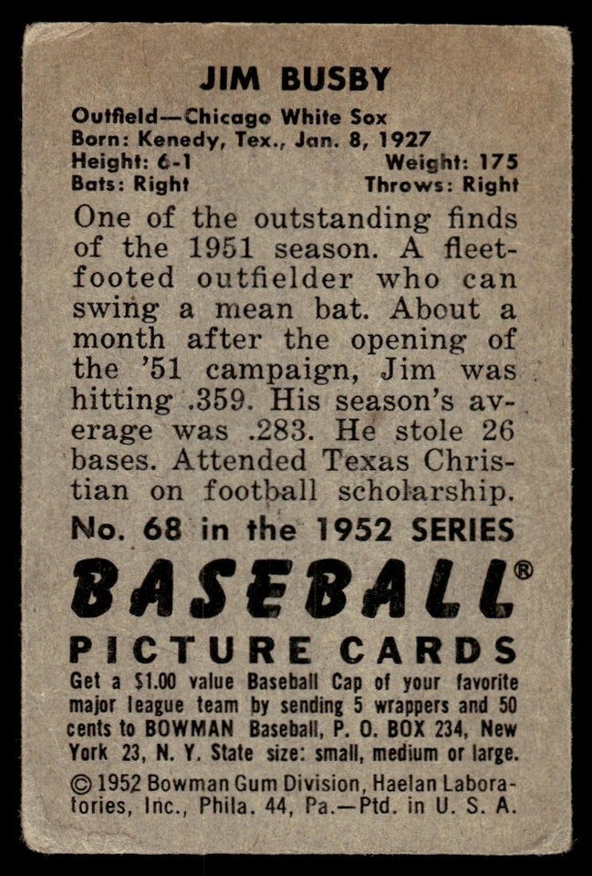 1952 Bowman Jim Busby Baseball Card Chicago White Sox #68 | eBay