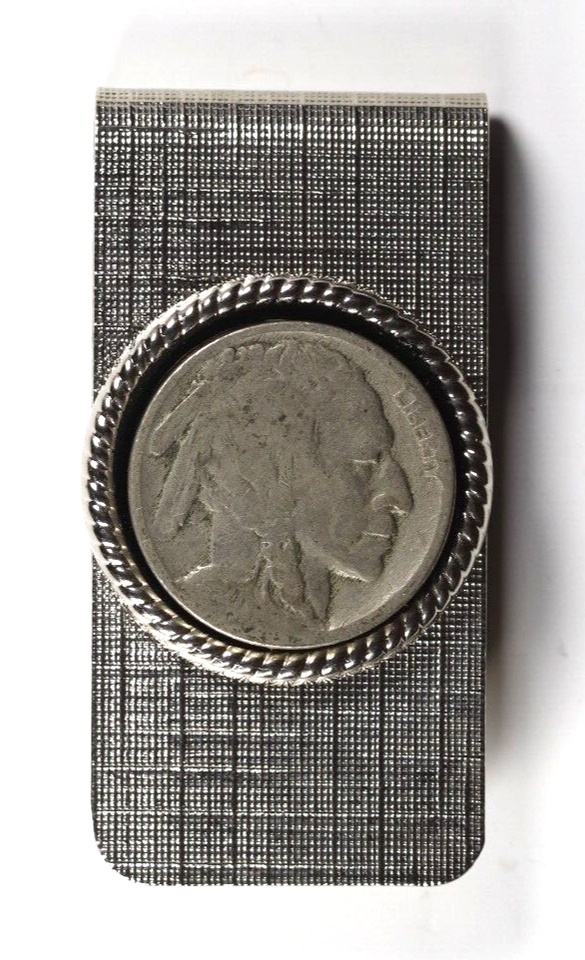 Vtg Buffalo Nickel Coin Money Clip Cross Hatch Metal Silver Tone Native ...