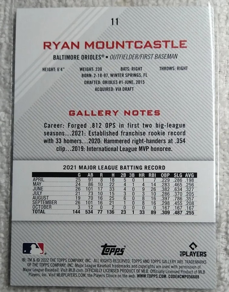 Ryan Mountcastle - 2022 Topps Gallery card #11 Printer Proof parallel ...