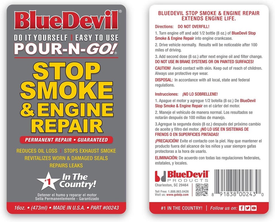 Bluedevil Stop Smoke Engine Repair Additive For Oil System Leak ...