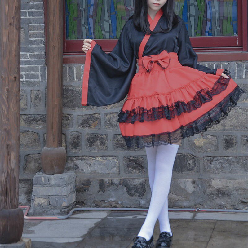 Girl Lolita Dress Lace Maid Japanese Miko Costume Kimono Sleeve Witch ...