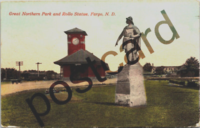 1913 FARGO ND, Great Northern Park & Rollo Statue, railroad, postcard ...