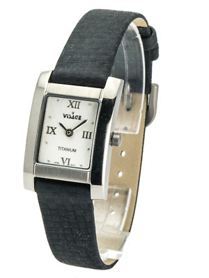 VISAGE:WOMENS' BLACK GENUINE LEATHER BAND, TITANIUM CASE QUARTZ ANALOG ...