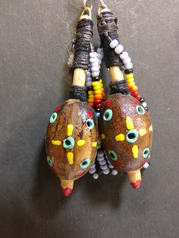 Native American Dangle Beaded Pecan Shell Shaker Rattle Earrings ...