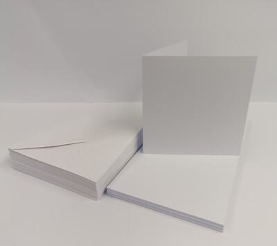 50 6" X 6" WHITE BLANK CARDS 250gsm & ENVELOPES 100gsm Pre Creased CARD ...