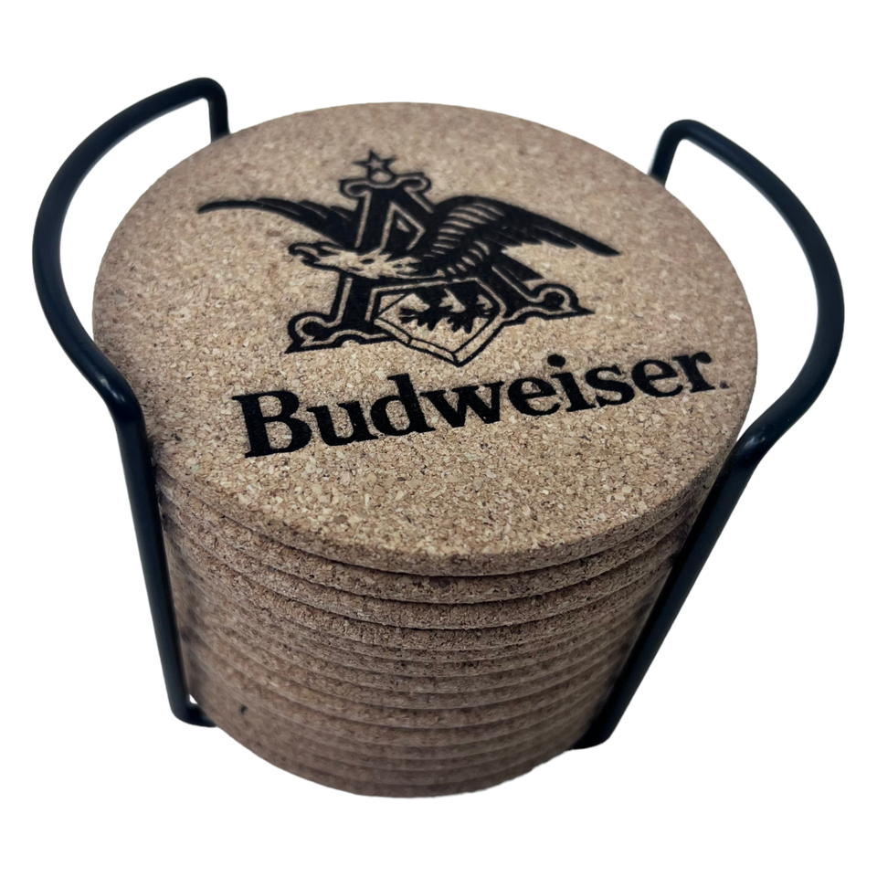 16 pieces coasters set Budweiser beer logo cork and metal holder | eBay