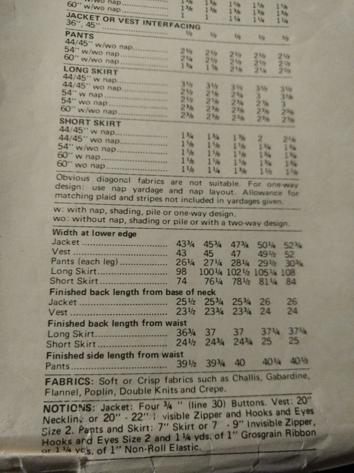 Vogue Vintage Pattern #8981 Jacket Vest Pants Skirt 2 Lengths Sz 16-1/2 ...