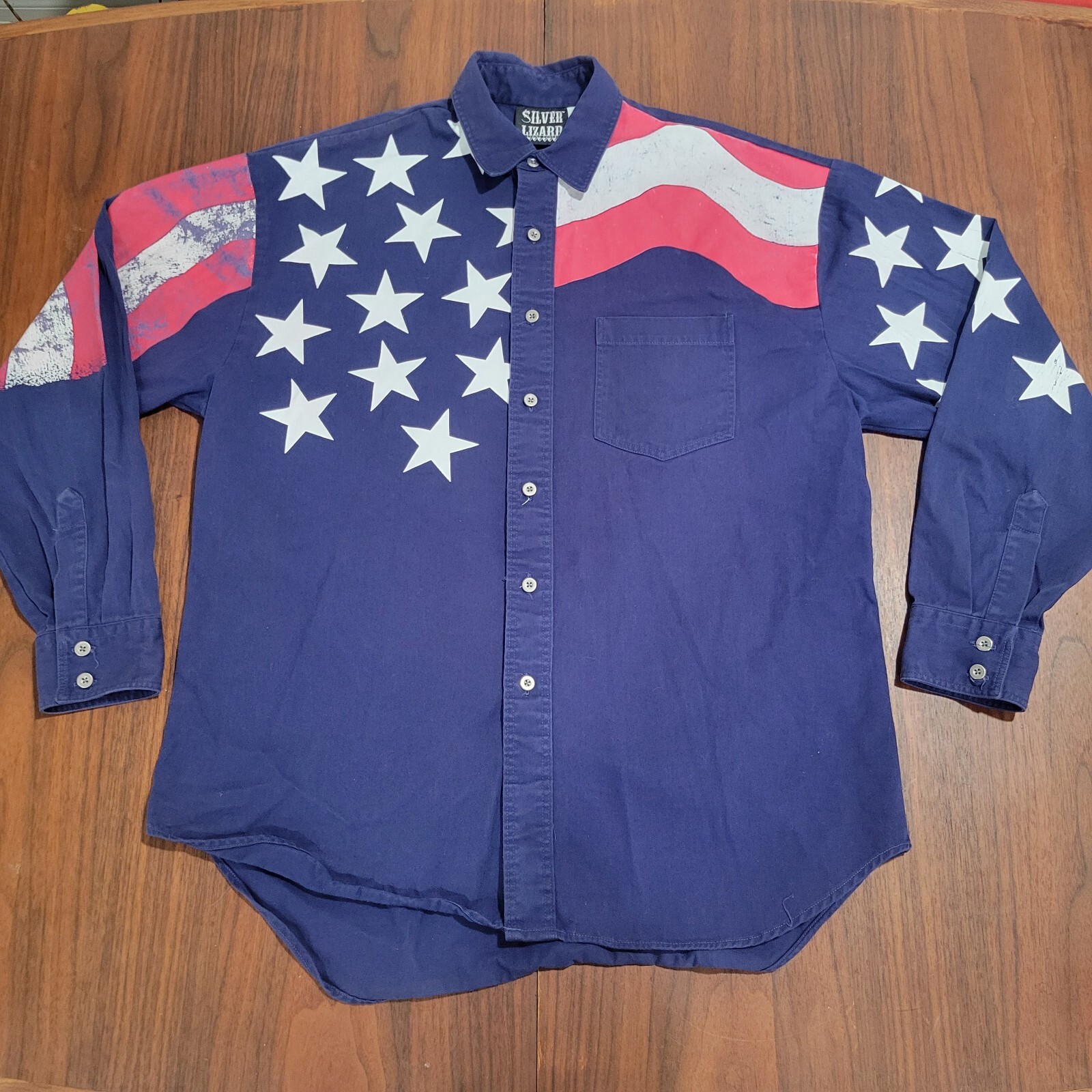 Vintage 90s Silver Lizards American Flag Ling Sleeve … - Gem