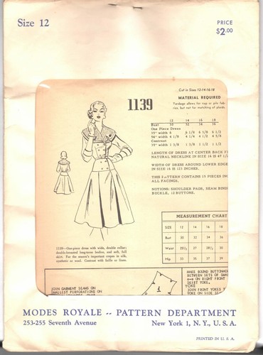 1950's MODES ROYALE Pattern #1139 Size 12 Bust 30 One Piece Dress | eBay