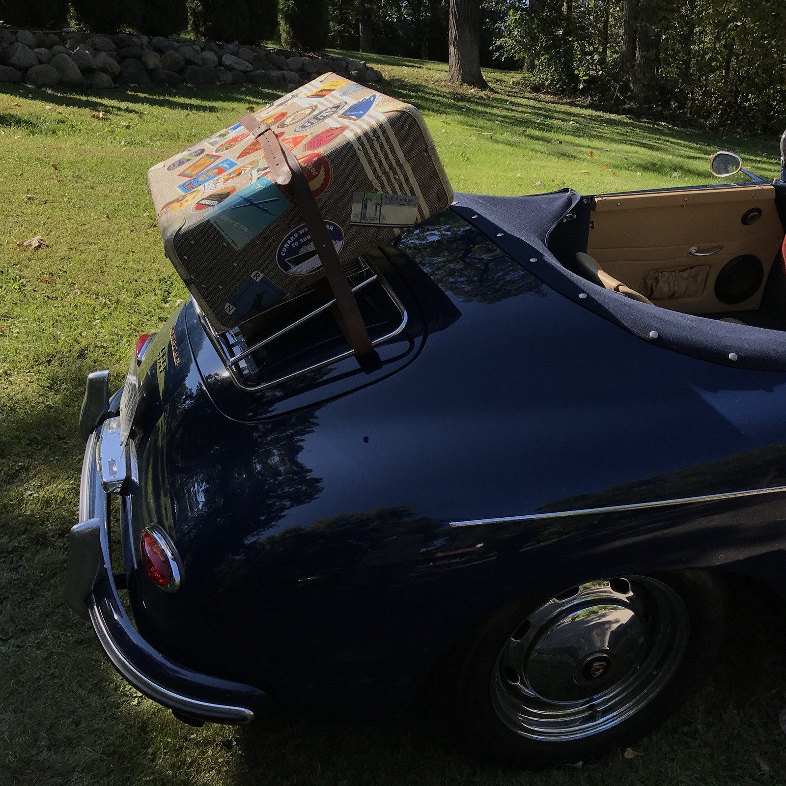 VINTAGE 1950's LEATHER & TWEED FIBRE CLASSIC CAR RACK TRUNK SUITCASE ...