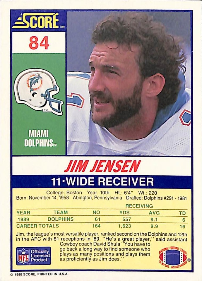 1990 Score Jim Jensen #84 Miami Dolphins | eBay