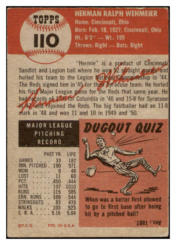 1953 TOPPS #110 HERMAN WEHMEIER REDS VG-EX SET BREAK 498591 (KYCARDS ...