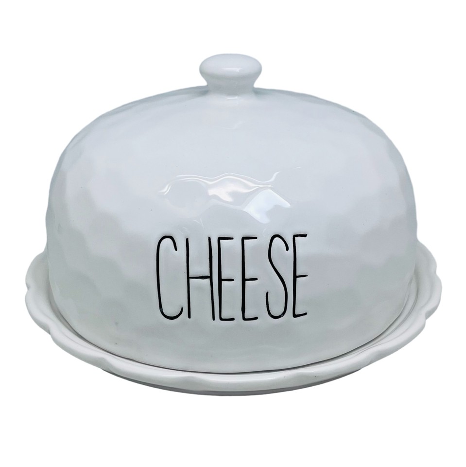 Cheese Board Dome w/ Lid & Plate 3pc Set White Dimple Ceramic Labelled ...