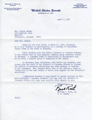 WILLIAM VICTOR ROTH JR. - TYPED LETTER SIGNED 04/07/1972 | eBay