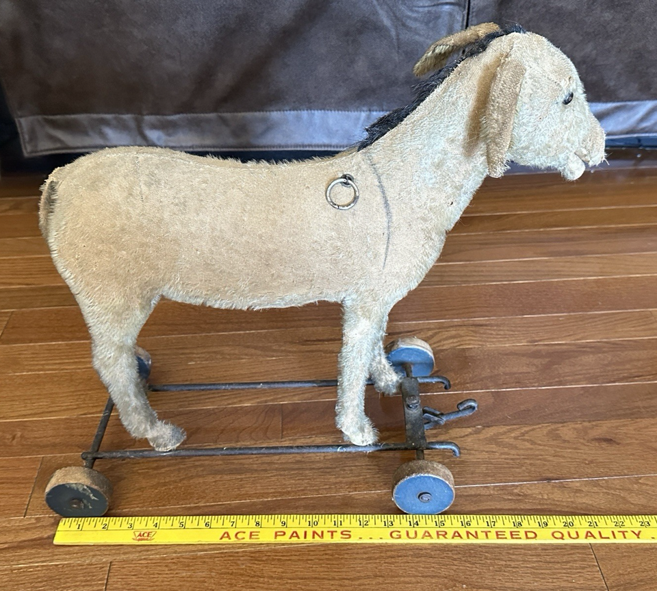 Antique Steiff Era Straw Mohair Donkey Pull Toy on Wheels Germany 1920s ...