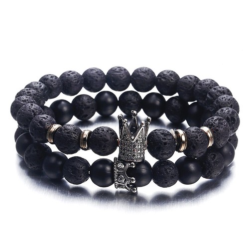 8mm Lava Stone Love Matching King Queen Crown Couple Bracelet Fashion ...