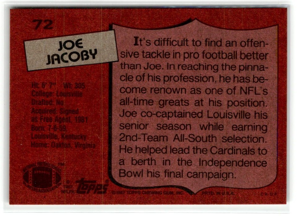 1987 Topps Football #72 Joe Jacoby Washington Redskins | eBay