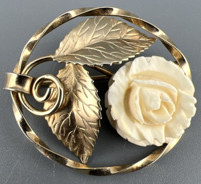 Vintage Brooch Pin White Carved Celluloid Rose Flower 14k Gold Filled ...