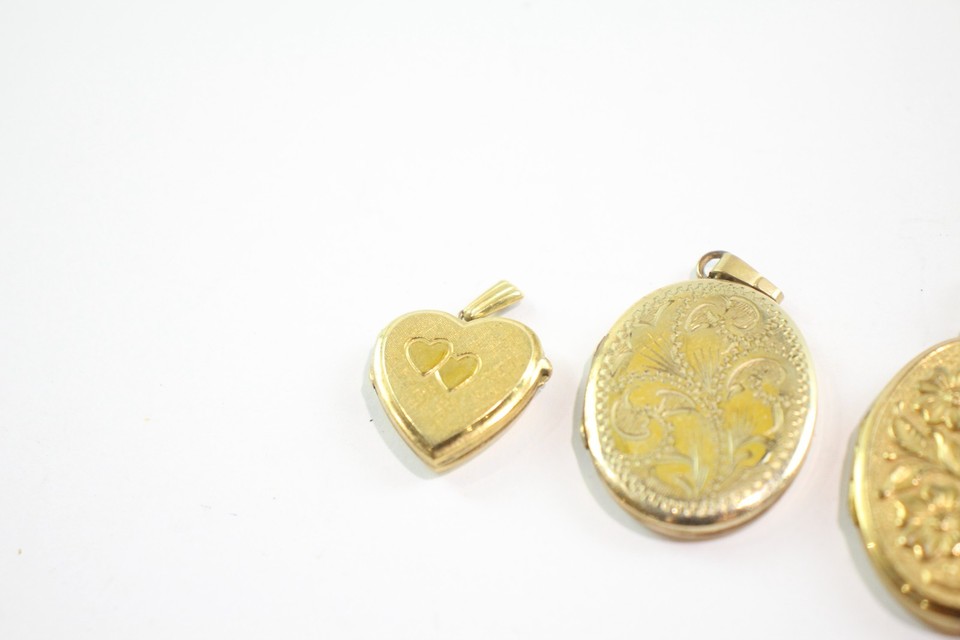 Rolled Gold Locket Pendants Mid Century Etched Heart Enamel Floral Oval ...