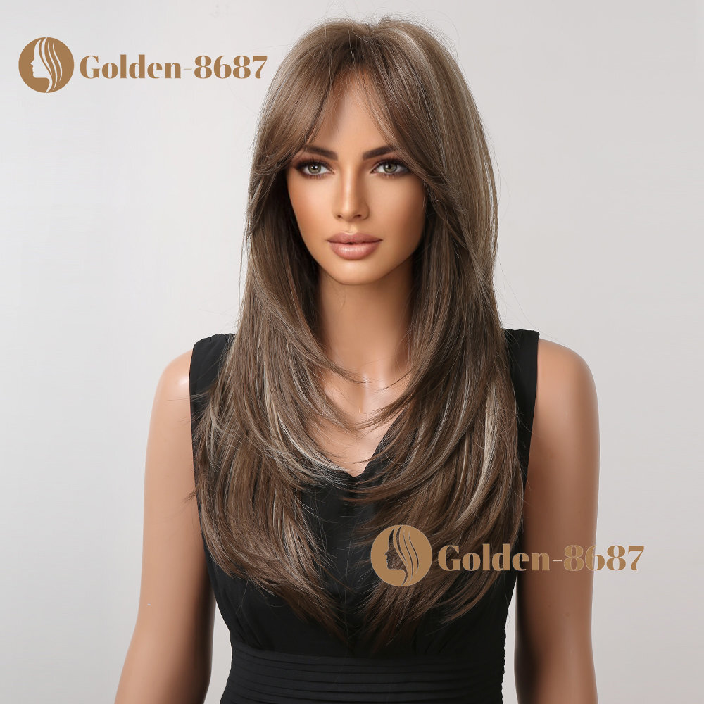 US Honey Brown Mixed Blonde Synthetic Wigs with Bangs Long Straight 23 ...