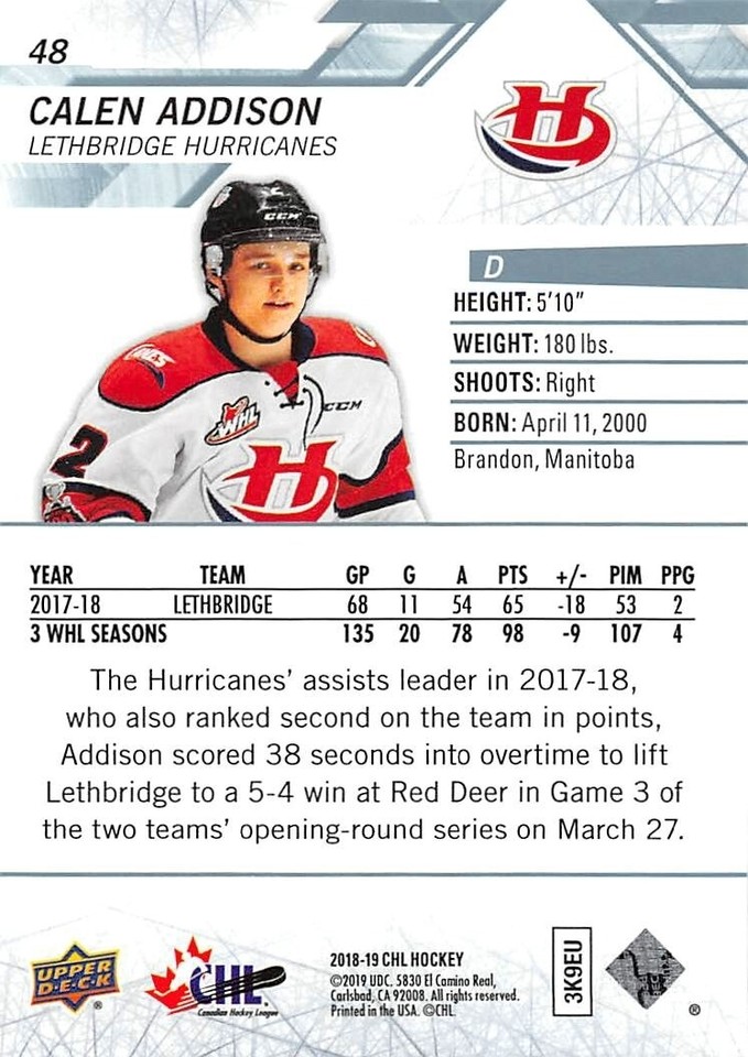 18/19 UPPER DECK CHL #48 CALEN ADDISON LETHBRIDGE HURRICANES *63072 | eBay