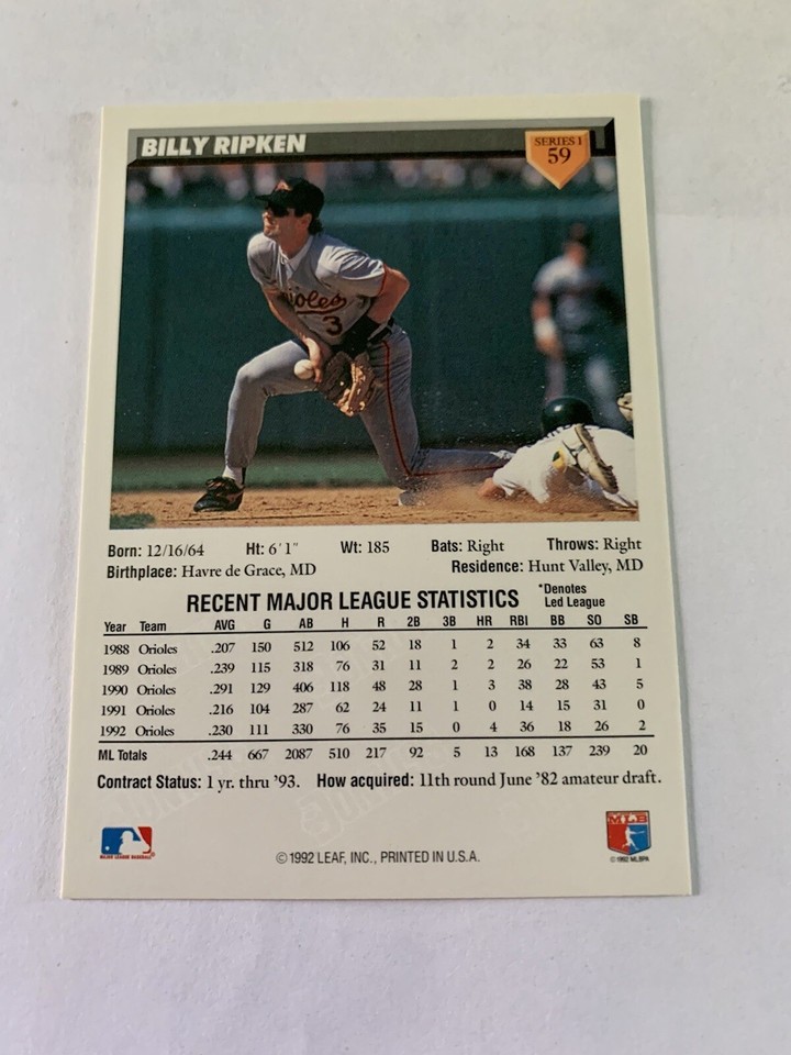 1992 leaf baseball Billy Ripken Baseball Card #59 | eBay