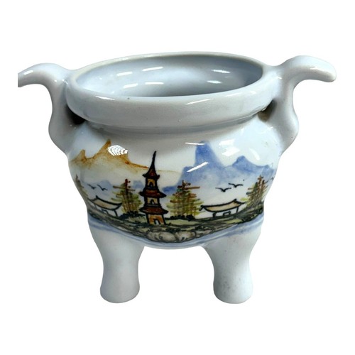 Vintage Hand-Painted Chinese Ceramic Pot With Landscape & Pagoda Triple ...