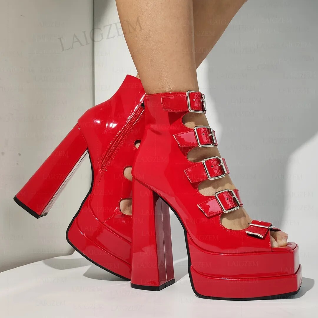 Women Pumps Platform Shiny Open Toe High Heels Side Zip Up Sandals ...