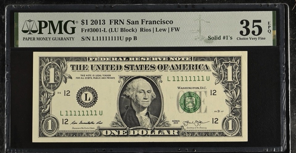 L 11111111 U $1 Solid Serial Number. Solid 1’s Federal Reserve Note ...