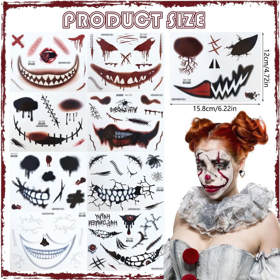 9 Sheets Halloween Scary Face Tattoos Stickers Fake Scars Stitches ...