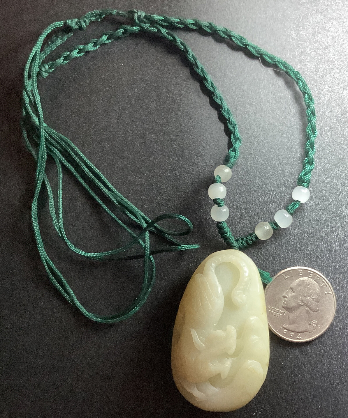 Vintage Asian Carved Green Jade Tiger Amulet On Adjus… - Gem