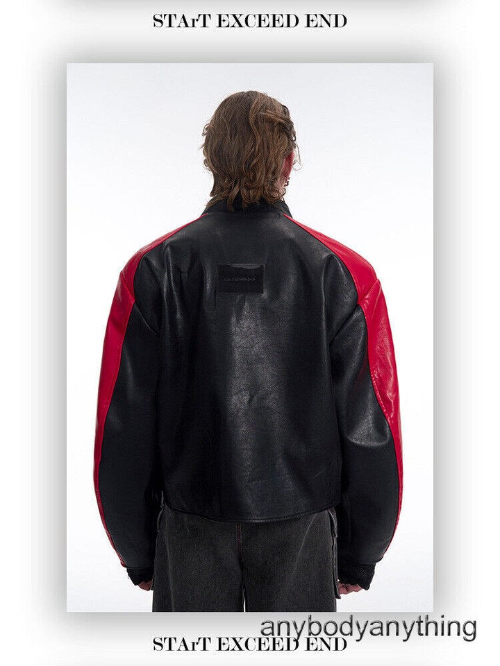 Men Short Standing Collar Leather Jacket Spring Splicing Motorcycle ...
