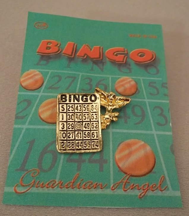 Guardian Angel Bingo Lapel Pin on Bingo Angel Card, Antique Gold Plate ...