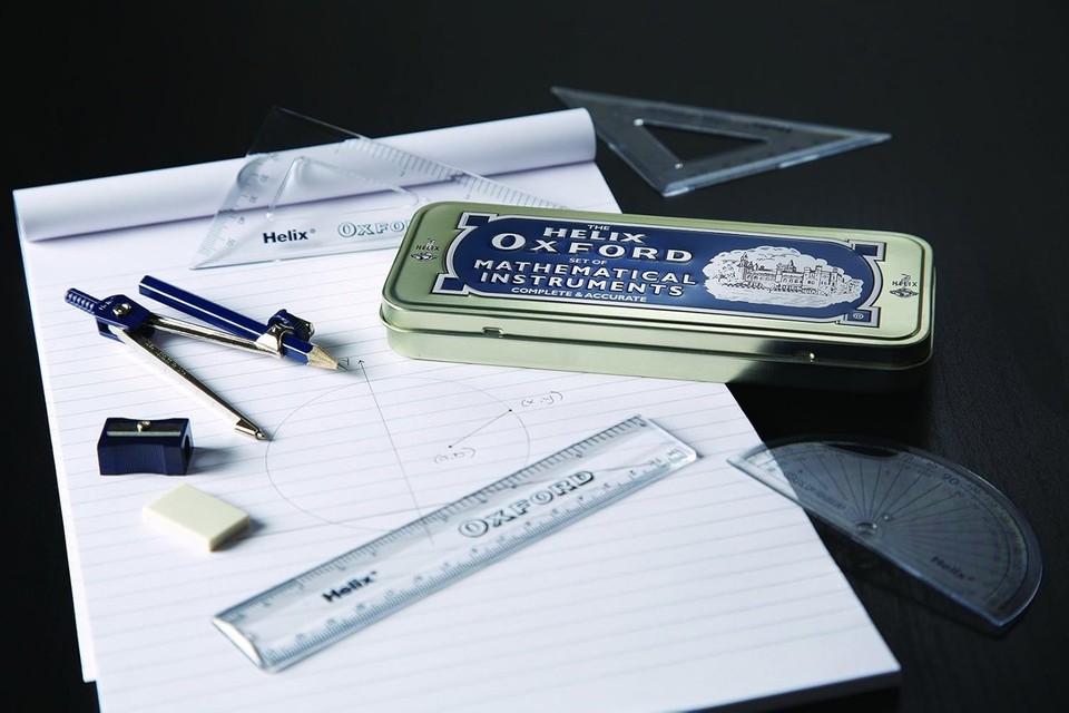 Helix Oxford Maths Set with Storage Tin - 10 Piece Maths Equipment Set ...