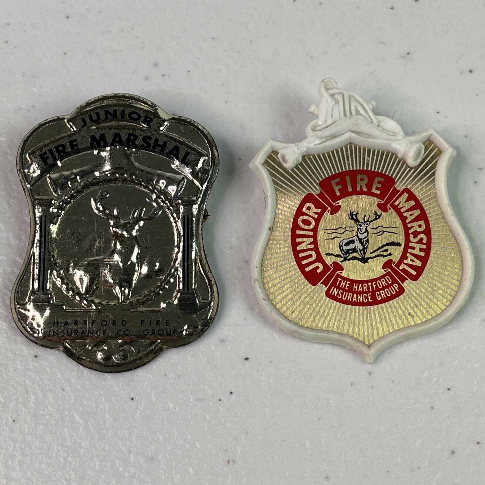2 Vtg The Hartford Insurance Co Junior Fire Marshal Badge Plastic Tin ...