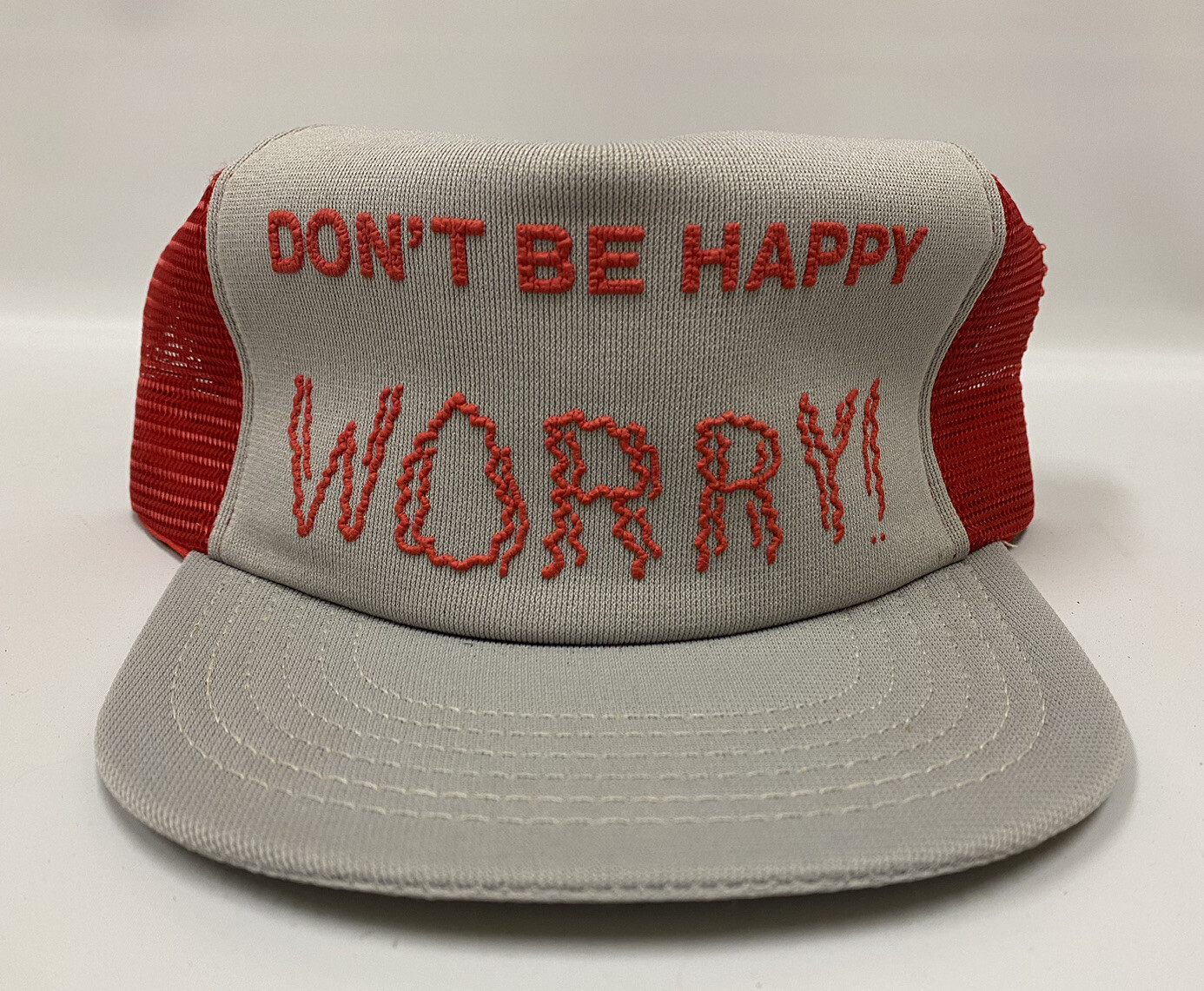 Vintage 70s 80s Don’t Be Happy Worry Red Gray Funny S… - Gem