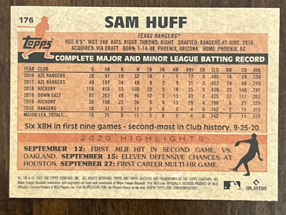 SAM HUFF Signed 2021 Topps Archives Baseball Card #176 Texas Rangers RC ...